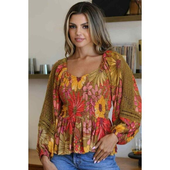 Angie | Tops | Angie Smockedfloral Long Sleeve Crochet Lace Top ...